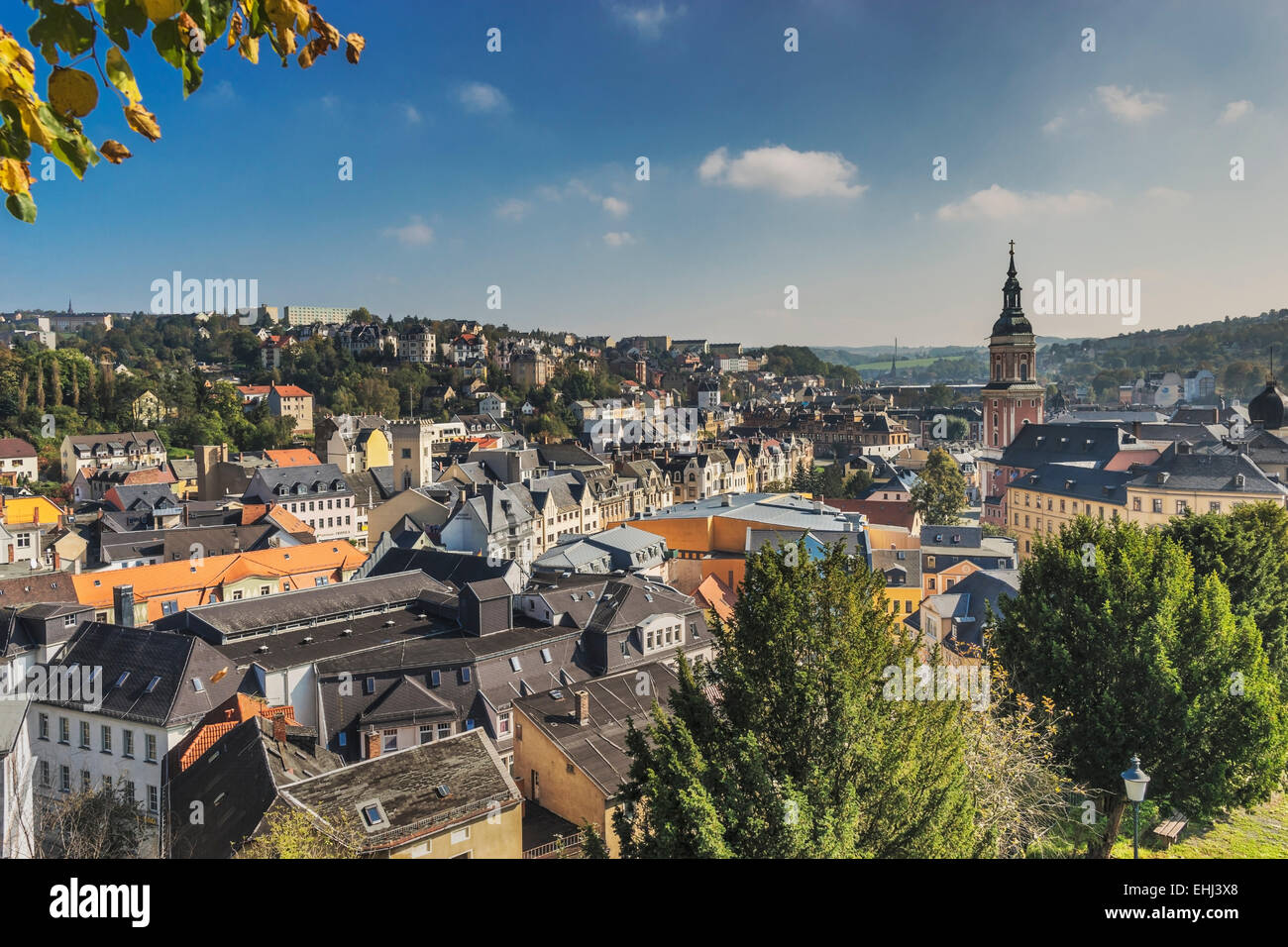 View over the town Greiz. On the right side is the tower of the St ...