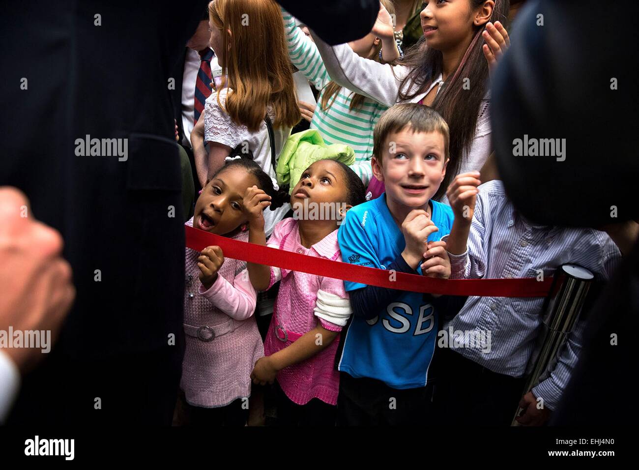 US President Barack Obama greets U.S. Embassy children during a meet ...