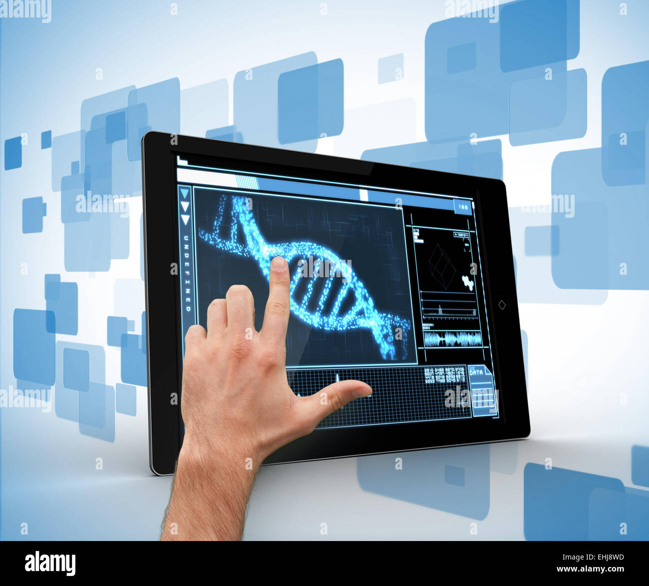 Man touching tablet pc with DNA interface Stock Photo - Alamy