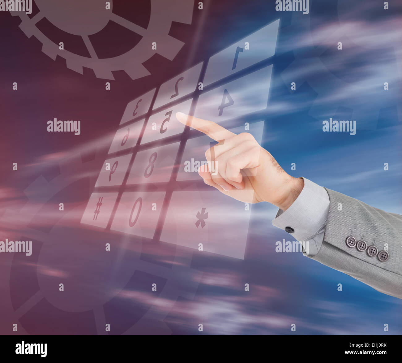Businessman typing on holographic number pad Stock Photo - Alamy