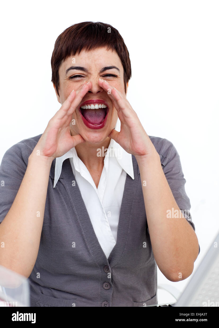Young businesswoman yelling Stock Photo - Alamy