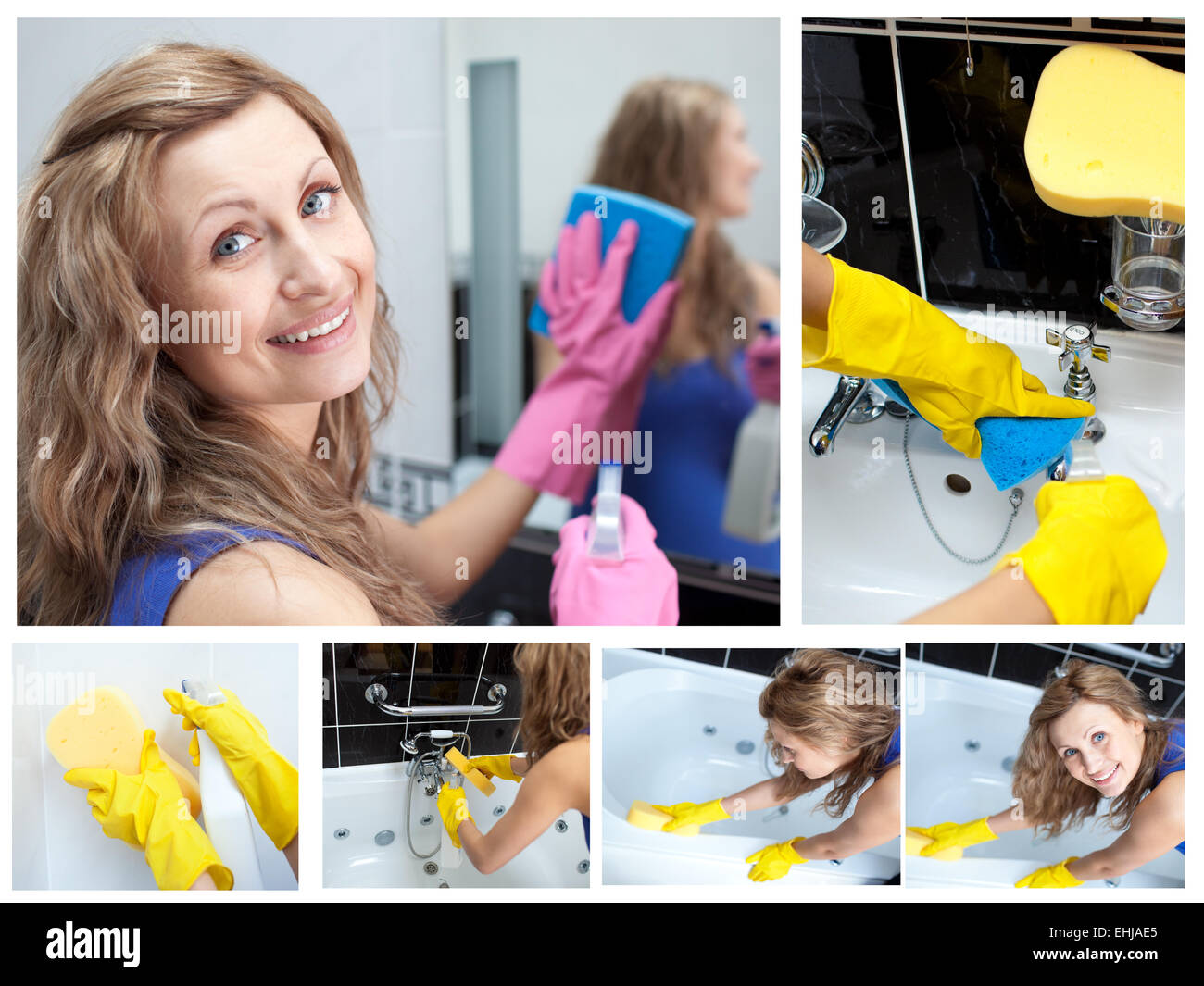 Collage of a woman washing her bathroom Stock Photo - Alamy
