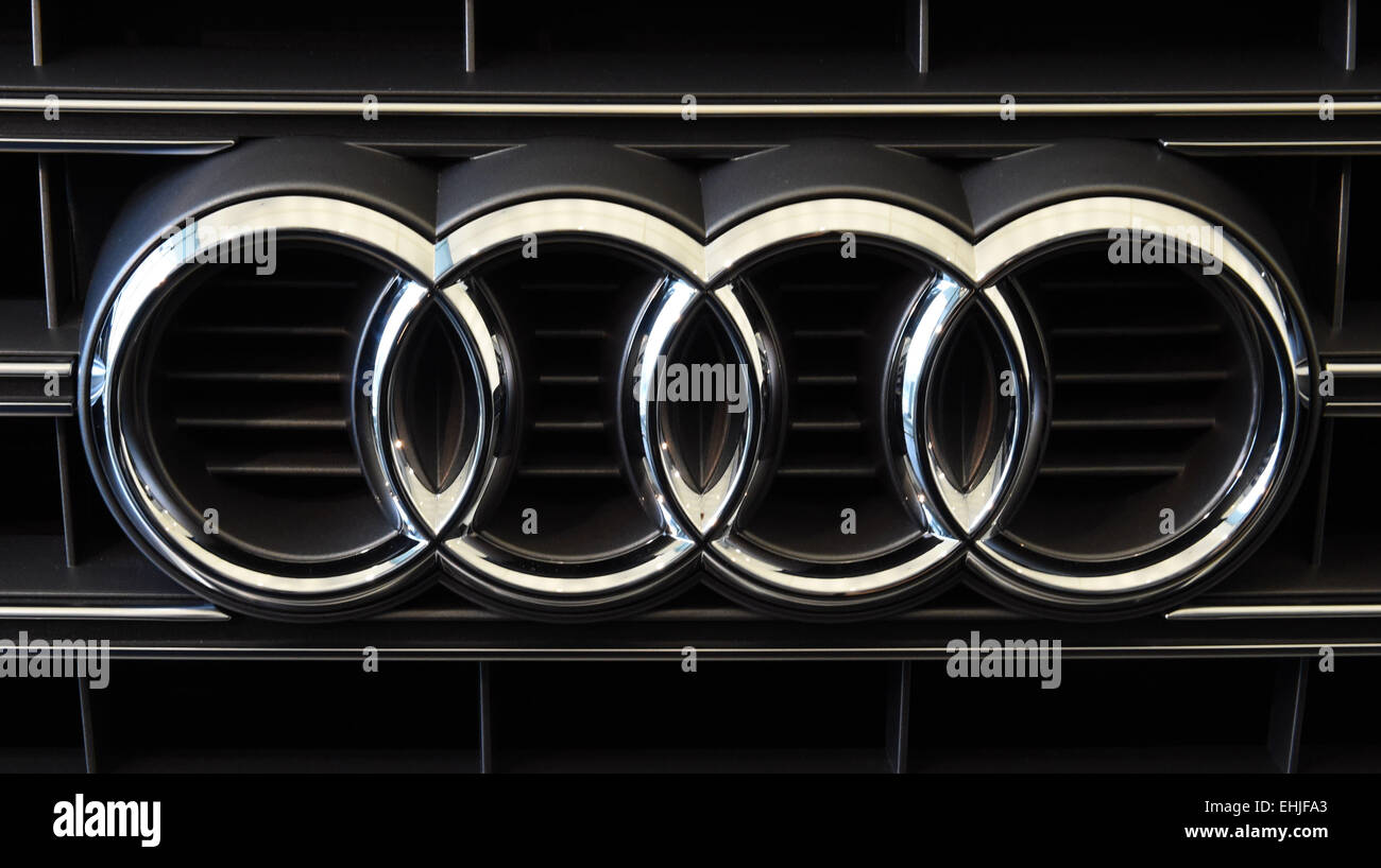 The Audi logo of four interlocking rings on the grille of an Audi SQ 5 ...