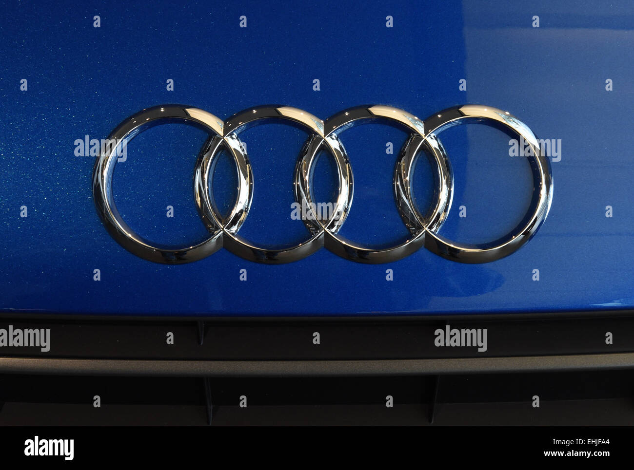 The Audi logo of four interlocking rings on the grille of an Audi R8 ...
