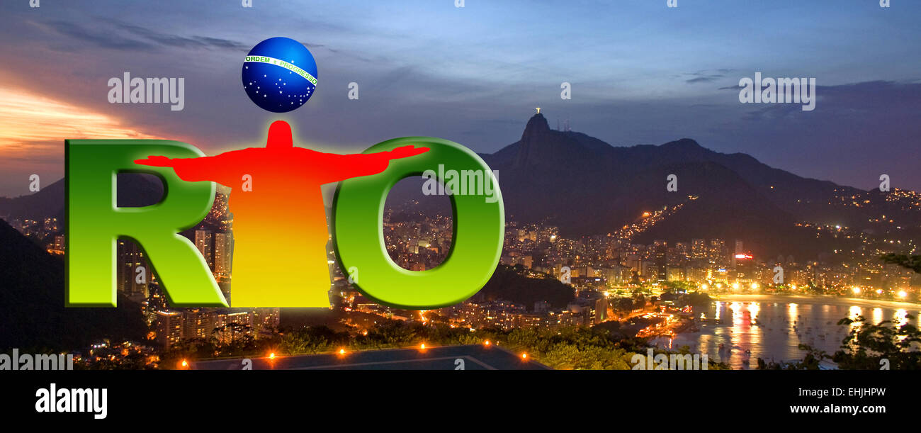 Rio de Janeiro logo with Christ the redeemer and night background Stock ...