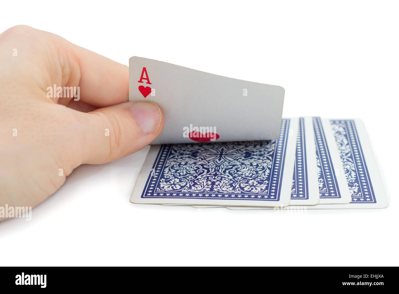 Man holding and peeking a playing card (ace of hearts), four other ...