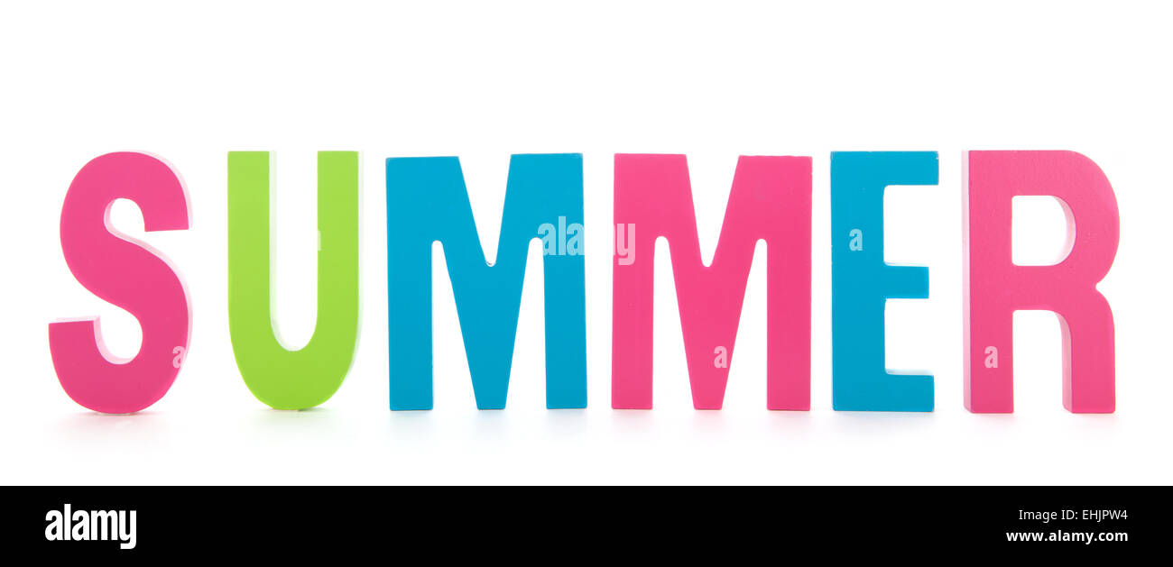 Summer season with colorful wooden letters isolated over white ...