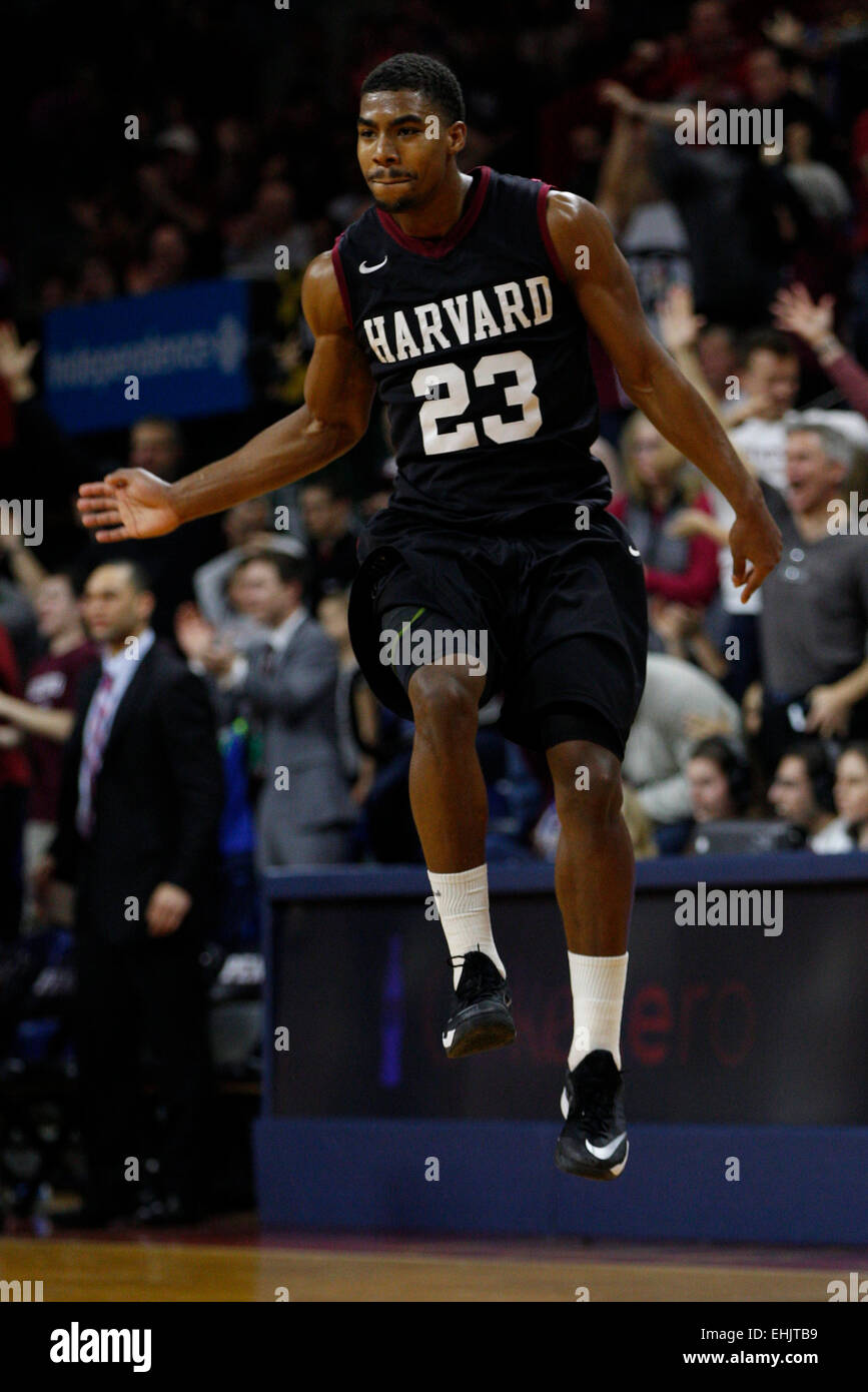 March 14, 2015: Harvard Crimson guard Wesley Saunders (23) reacts to ...