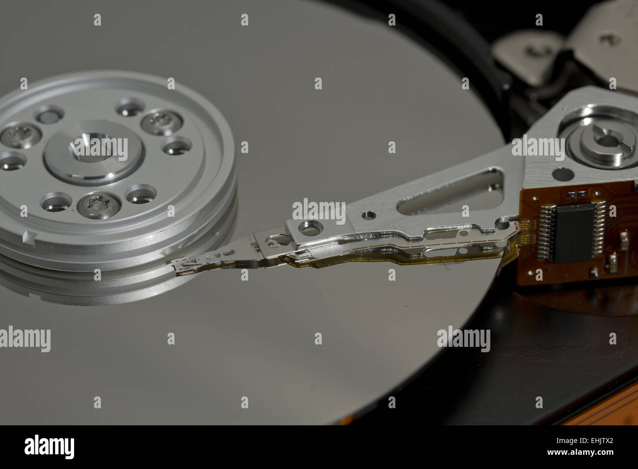 Close up shot of a harddrive. Side view. Shot in a photo studio. Shows ...
