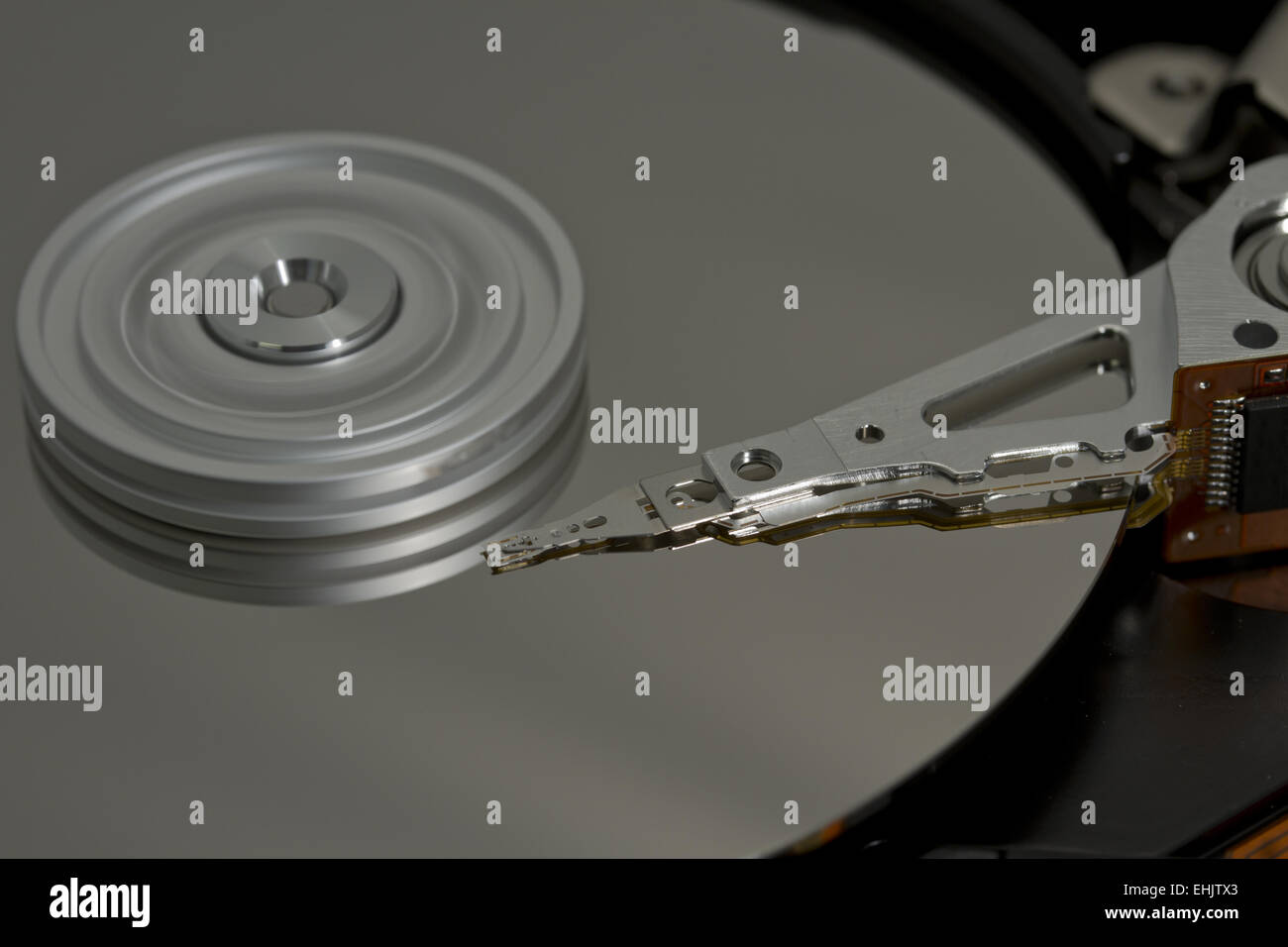 Close up shot of a harddrive. Side view. Shot in a photo studio. Shows ...