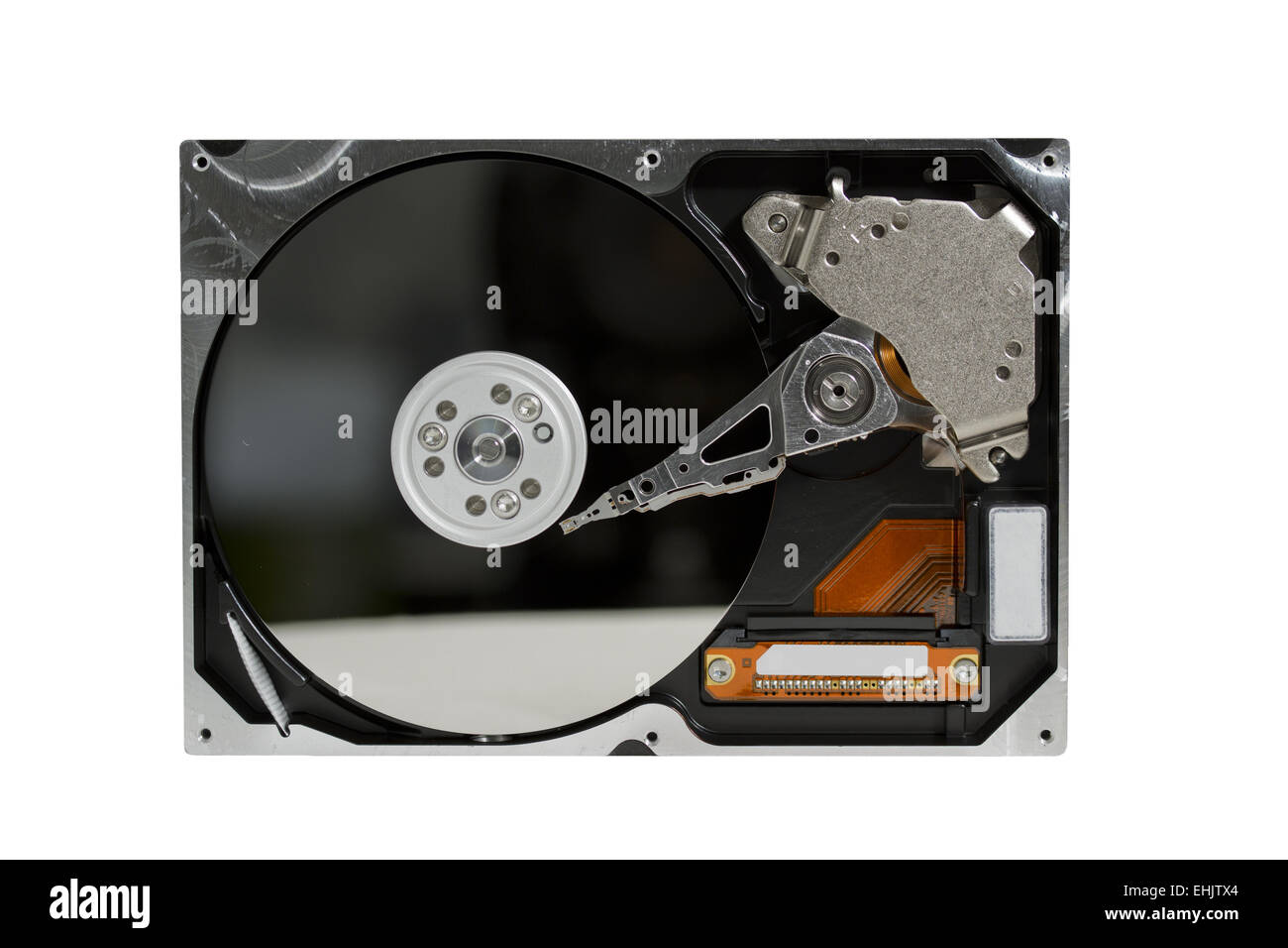 Inside close up shot of a harddrive. Top view. Shot in a photo studio ...