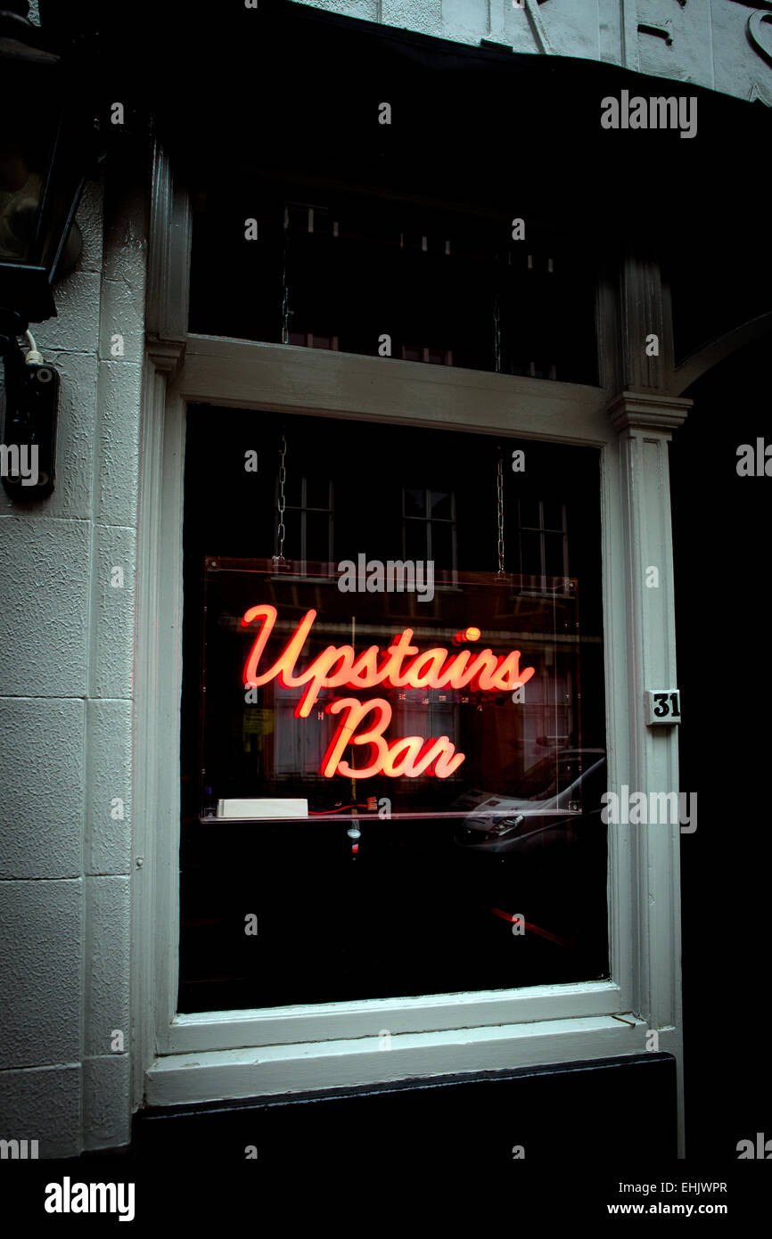 Upstairs Bar neon sign in pub window Stock Photo - Alamy