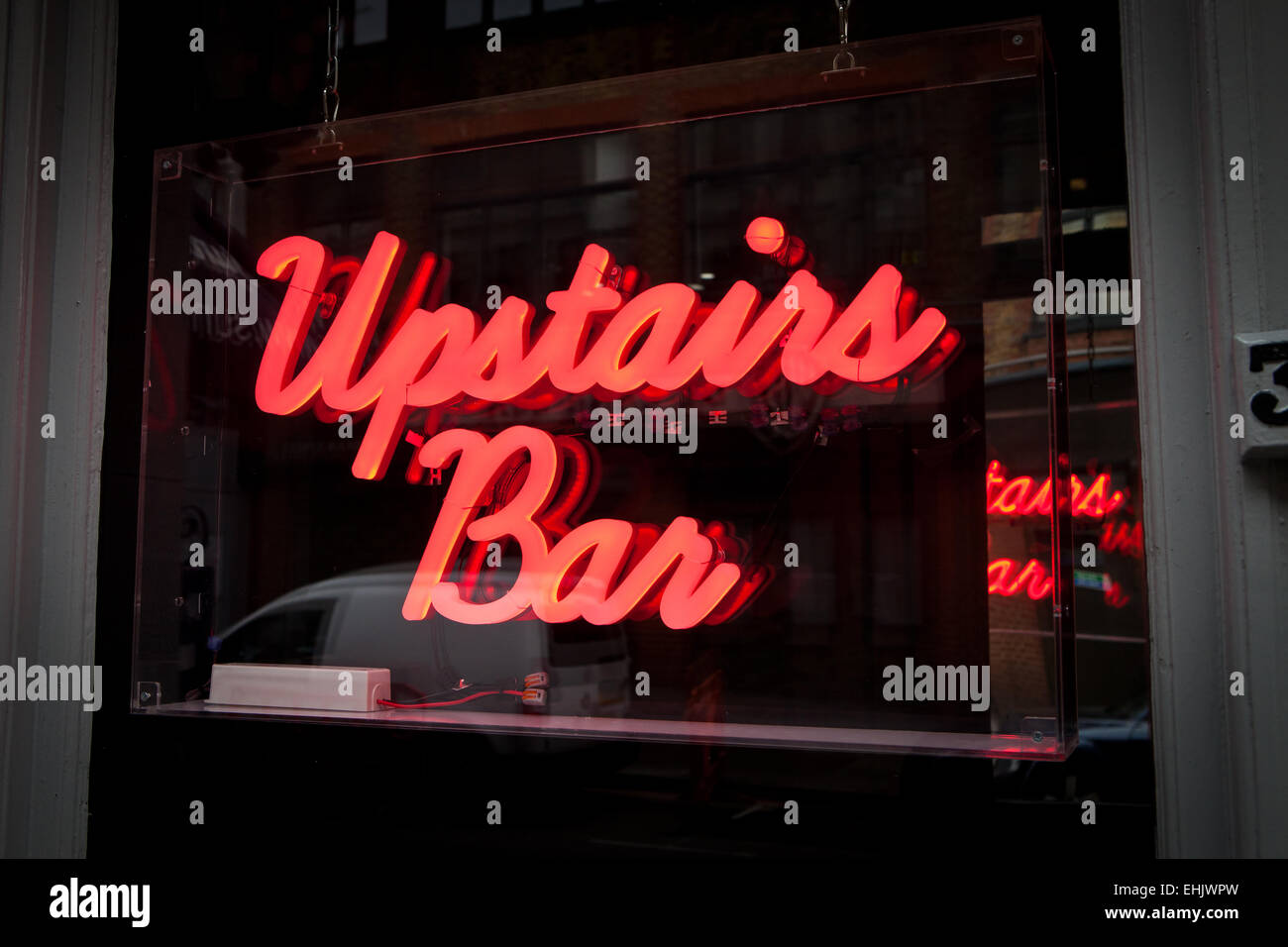 Upstairs Bar neon sign in pub window Stock Photo - Alamy
