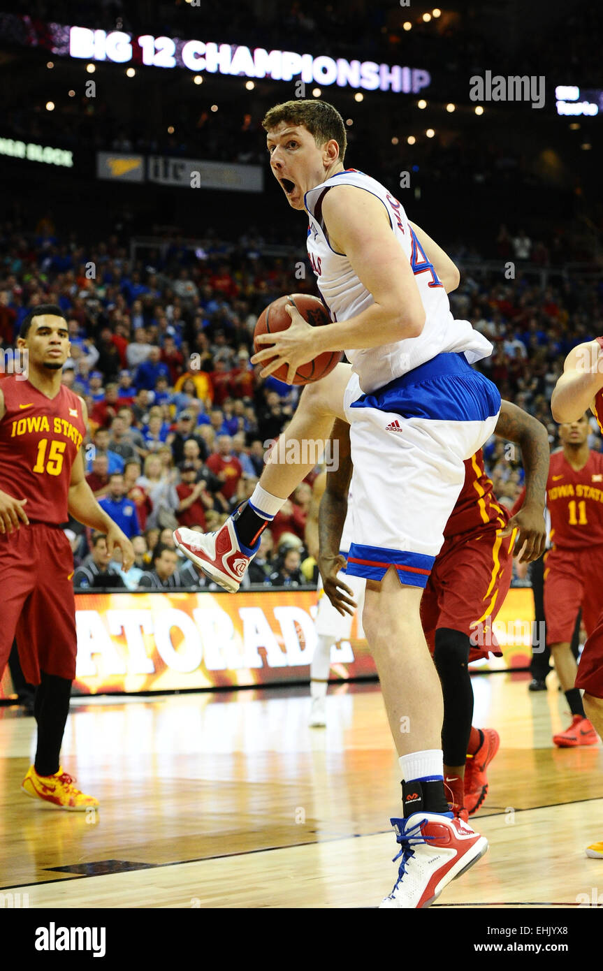 March 14, 2015: Kansas Jayhawks forward Hunter Mickelson (42) grabs a ...