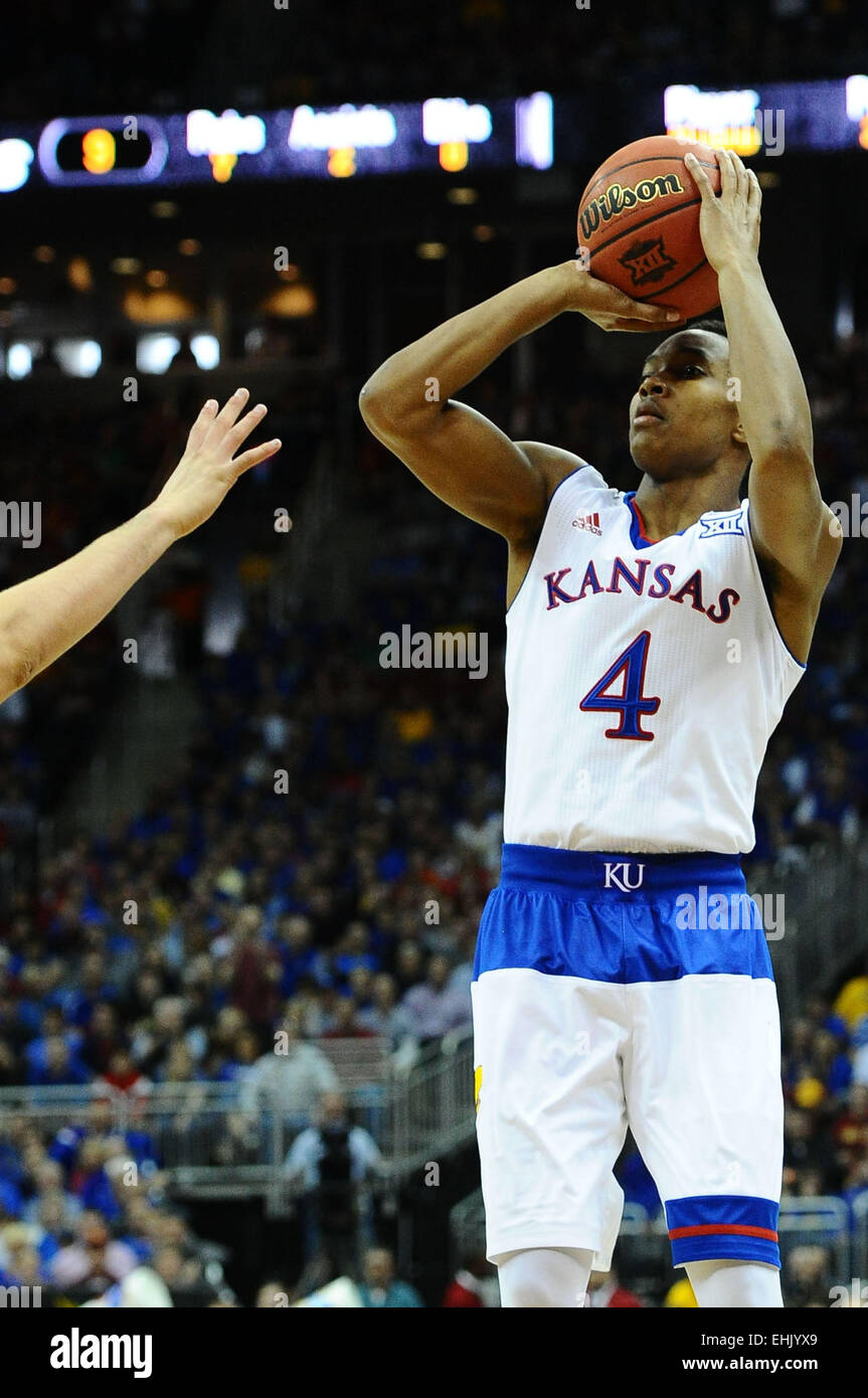March 14, 2015: Kansas Jayhawks guard Devonte Graham (4) shoots this ...