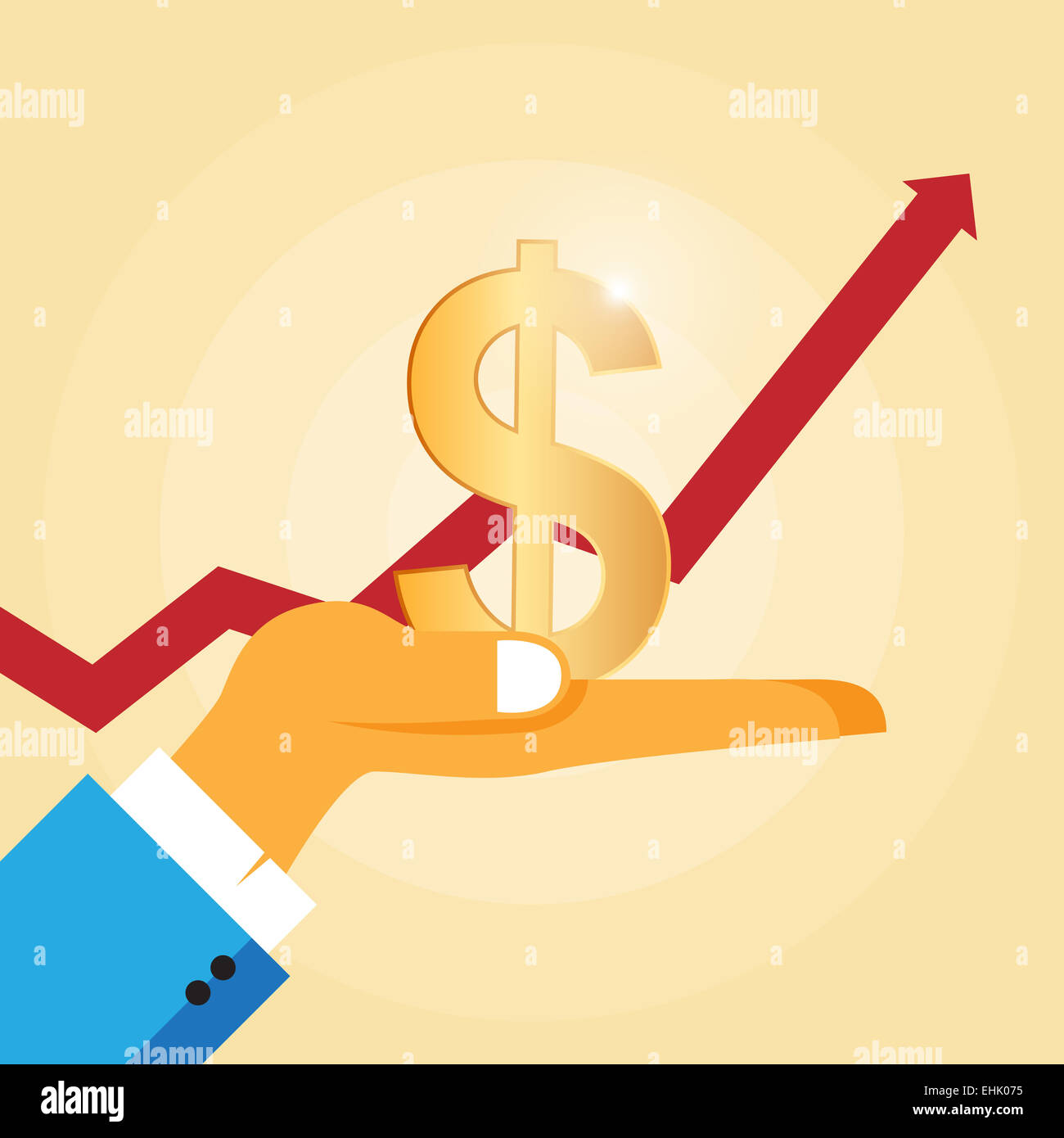 Vector Illustration Of A Hand Holding A Golden Dollar Sign With A
