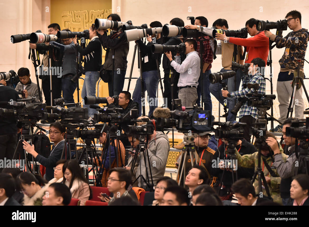 Beijing, China. 15th Mar, 2015. Journalists work at the press ...
