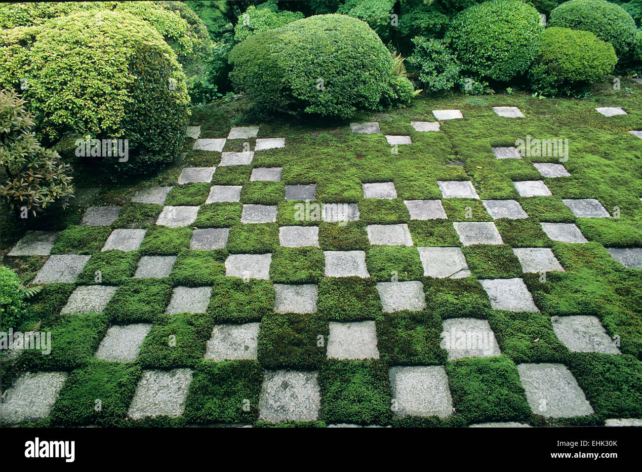A checkerboard mosaic of stones and moss at the Tofukuji Temple in ...