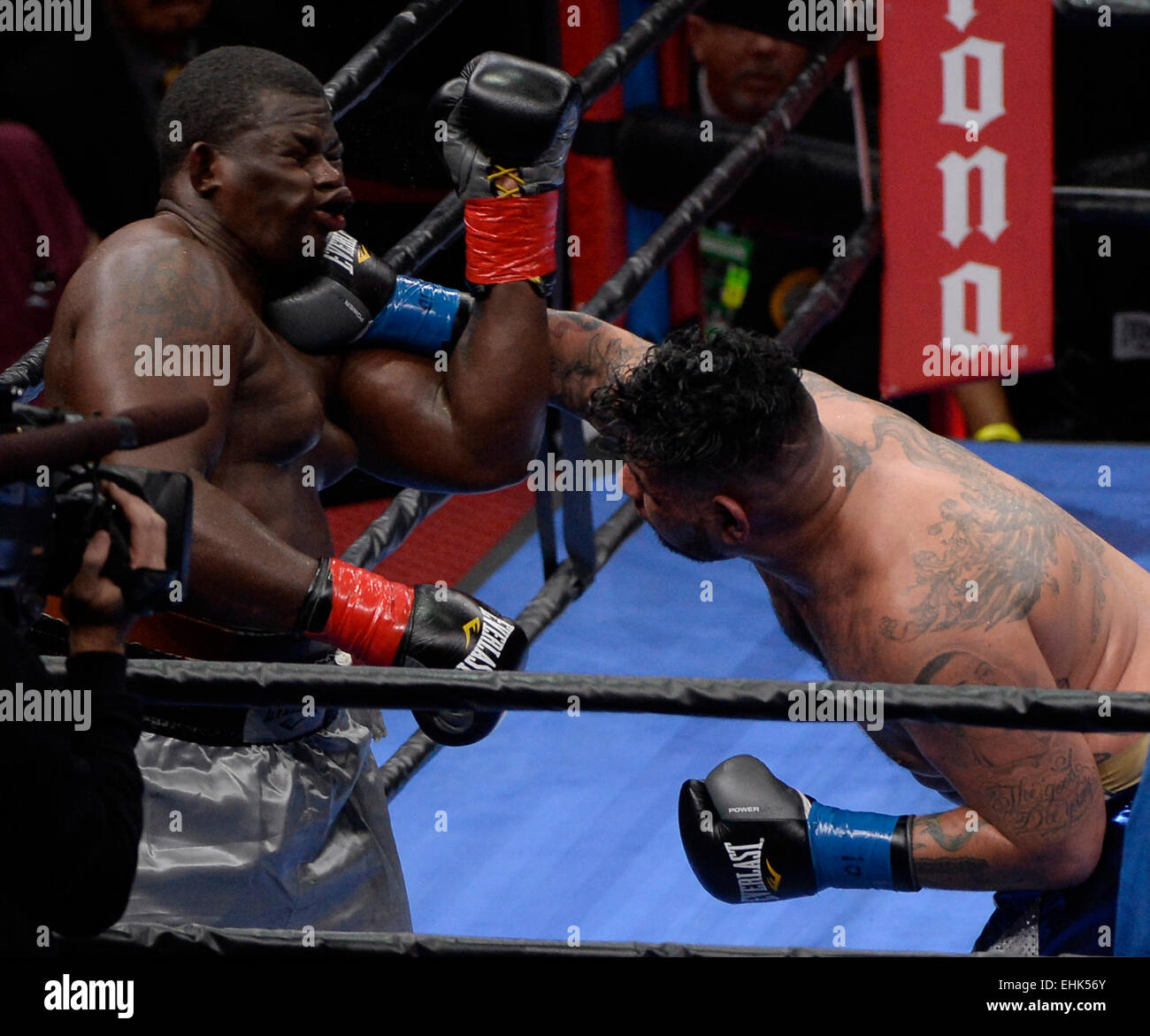 Ontario CA. 13th Mar, 2015. (in blue tanks) Heavy weight boxer ...