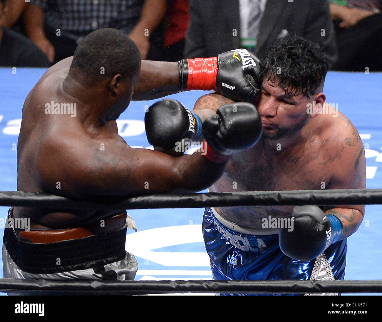 Ontario CA. 13th Mar, 2015. (in blue tanks) Heavy weight boxer ...