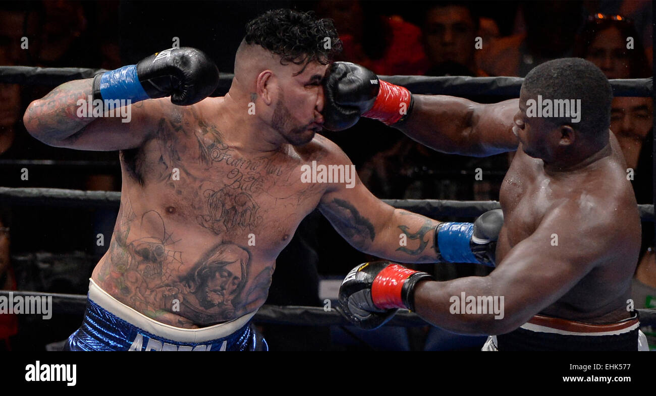 Ontario CA. 13th Mar, 2015. (in blue tanks) Heavy weight boxer ...
