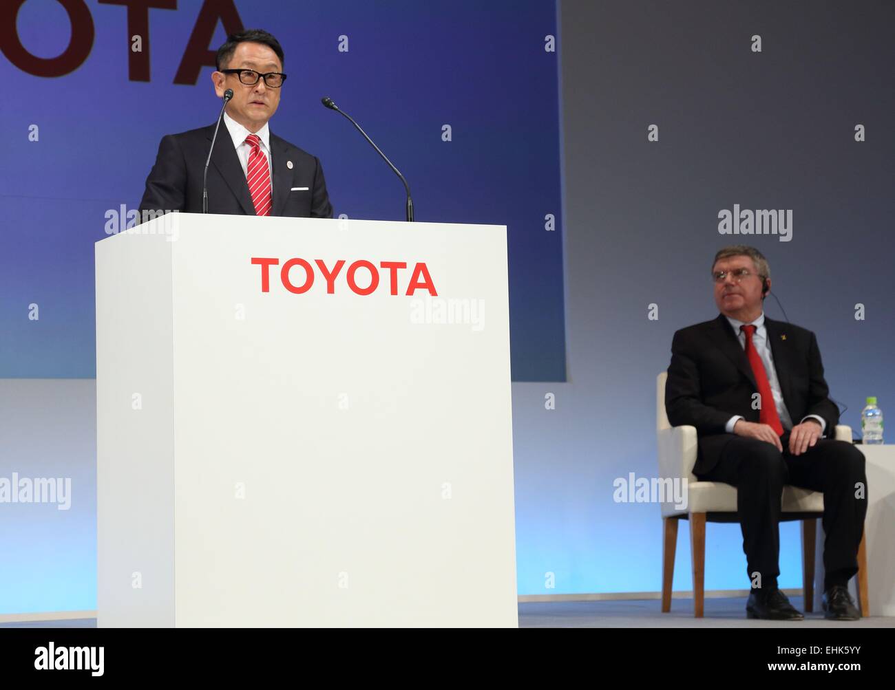 Tokyo, Japan. 13th Mar, 2015. (L-R) Akio Toyoda, Thomas Bach Signing ...