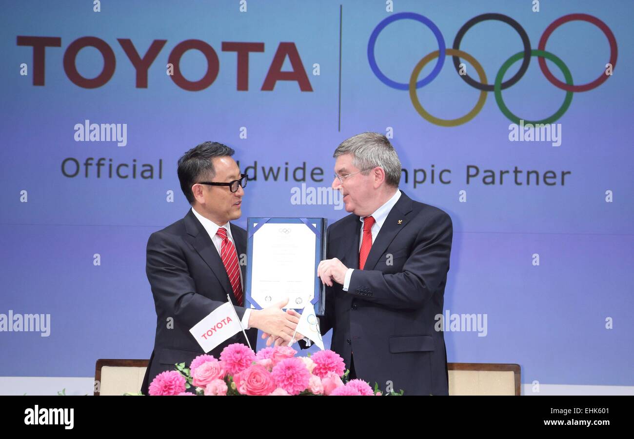 Tokyo, Japan. 13th Mar, 2015. (L-R) Akio Toyoda, Thomas Bach Signing ...