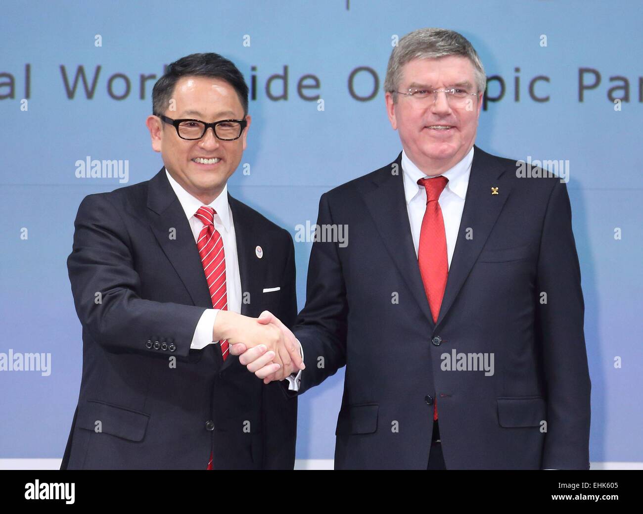 Tokyo, Japan. 13th Mar, 2015. (L-R) Akio Toyoda, Thomas Bach Signing ...