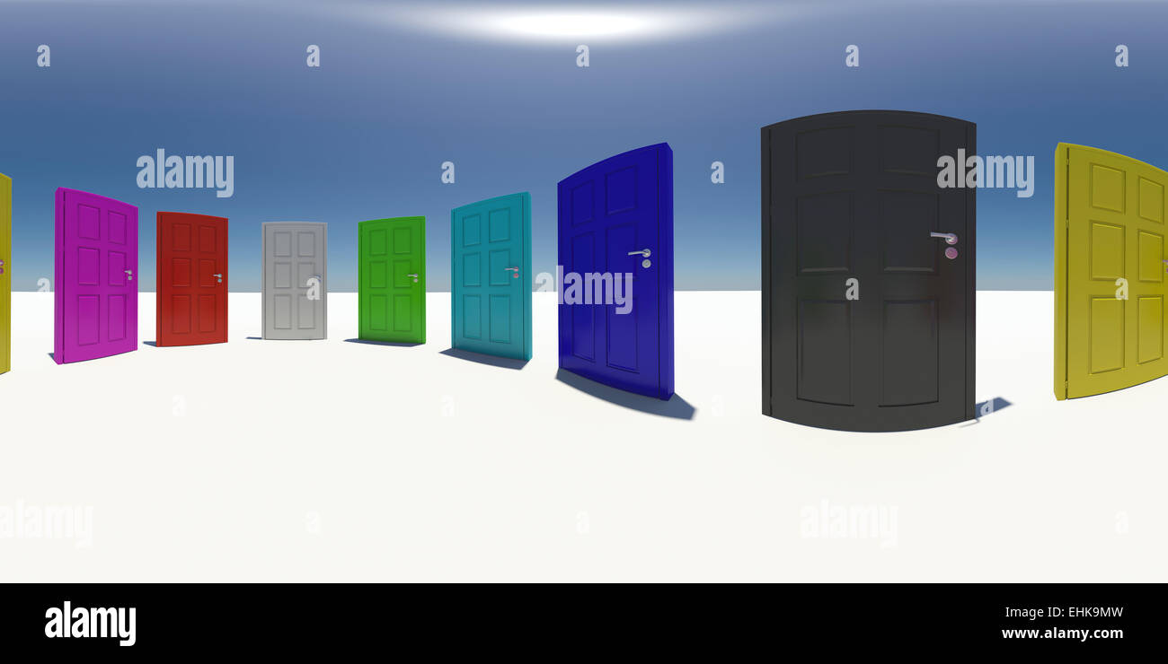 Spherical panorama of colorful doors. Blue sky as background Stock ...