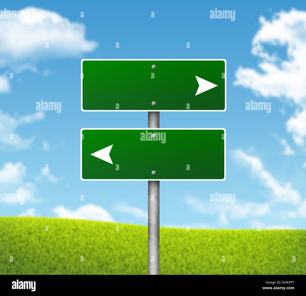 Blank green road signs. Hills, clouds in background Stock Photo - Alamy