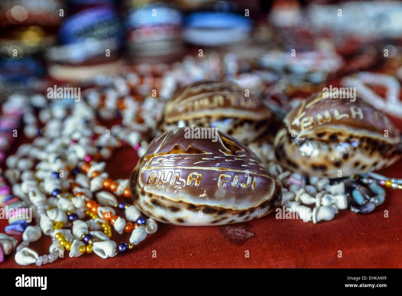 Market stall selling seashells and necklaces. Fiji. Pacific Stock Photo ...