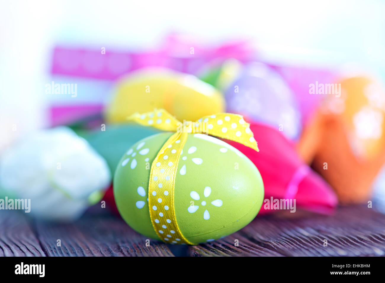 easter eggs and box for present on a table Stock Photo - Alamy