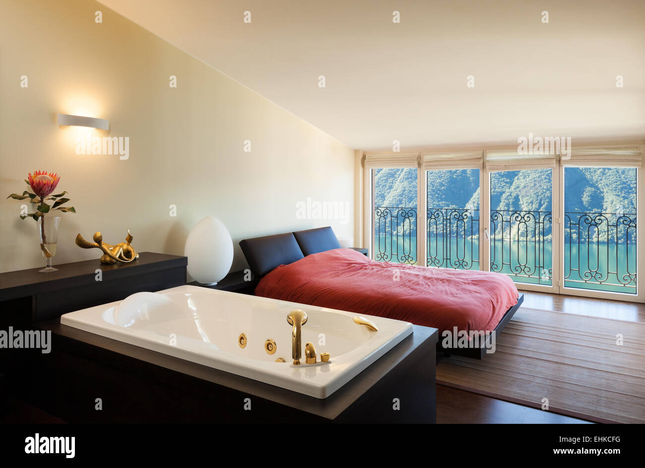 interior luxury apartment, beautiful bedroom with jacuzzi Stock Photo ...