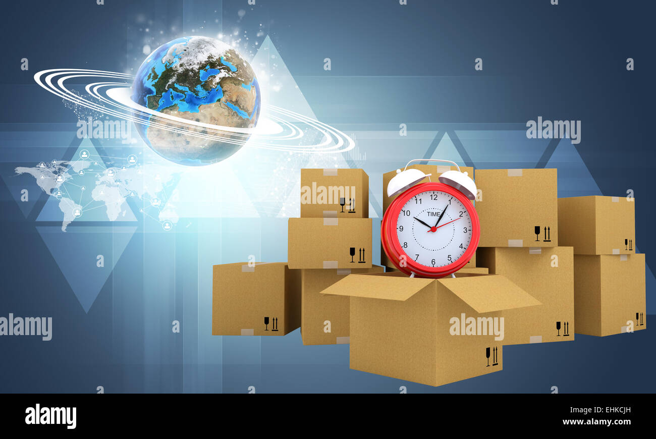 Postal boxes on them alarm clock. Backdrop of earth, triangle Stock ...