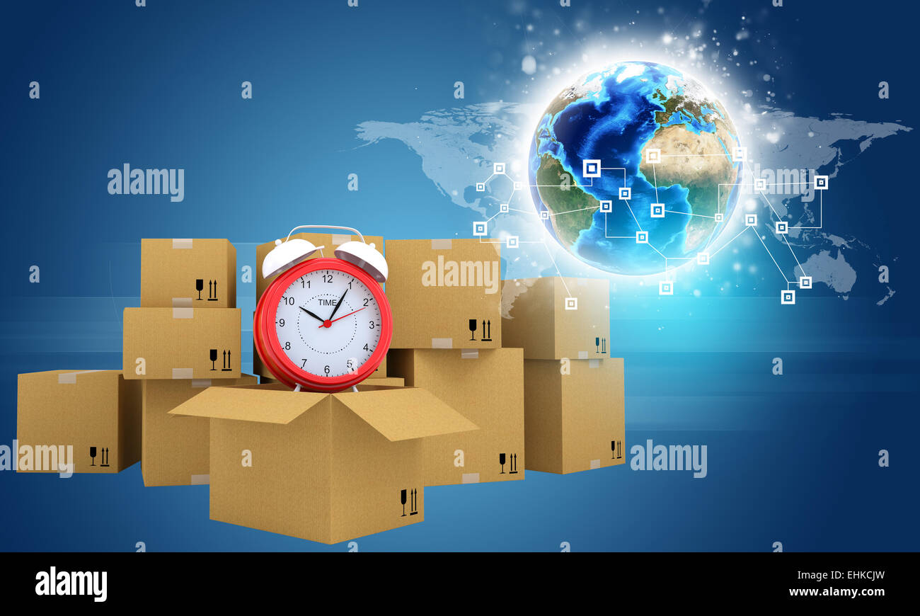 Postal boxes on them alarm clock. Backdrop of earth, gradient dark blue ...