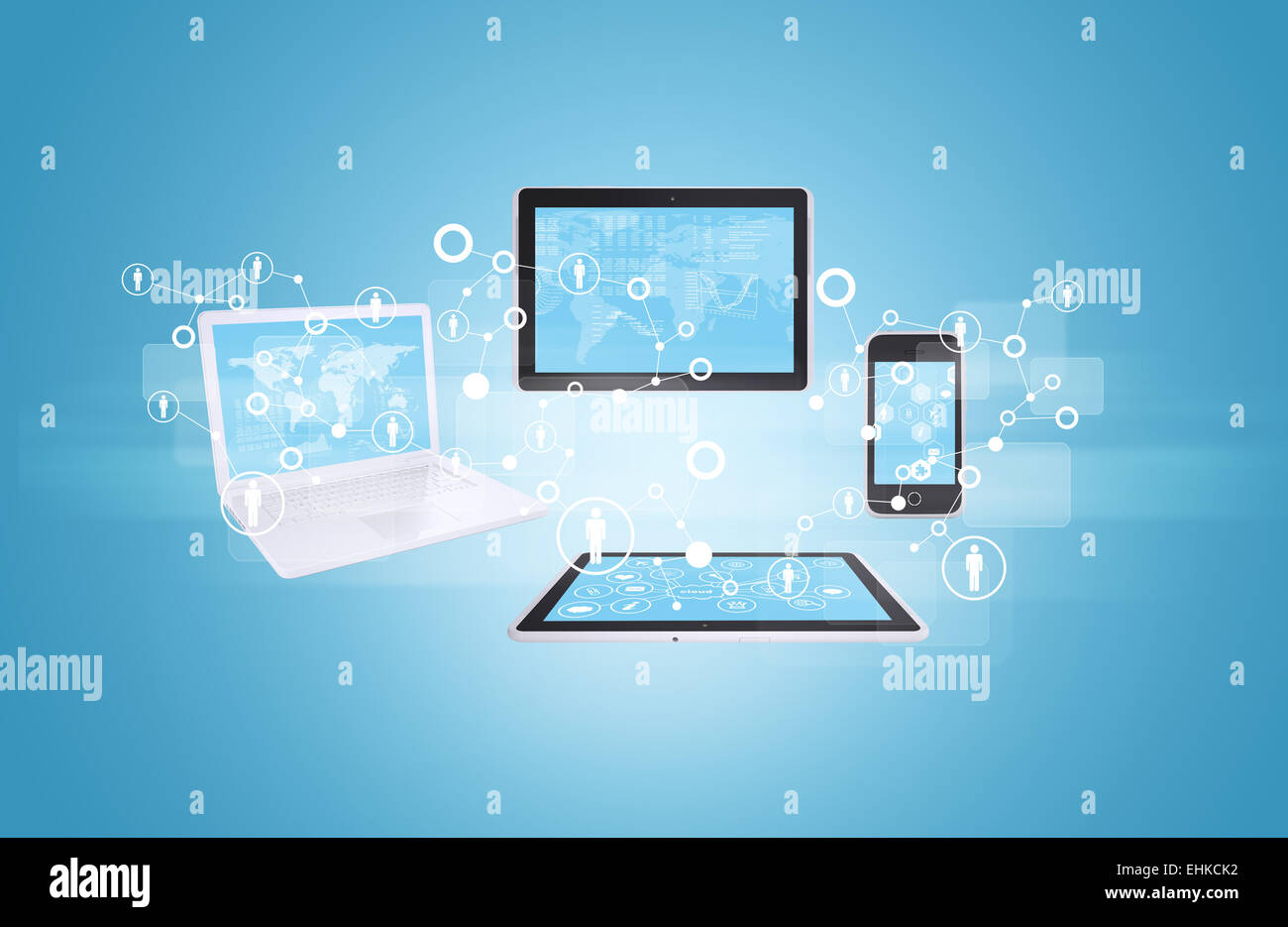Tablet, phone and laptop connect people all over world Stock Photo - Alamy