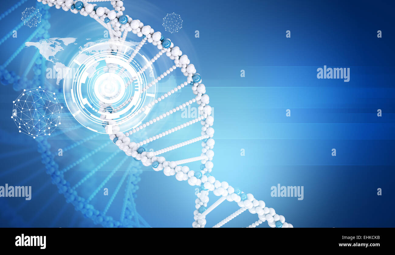 Human DNA on blue ground. World map in background Stock Photo - Alamy