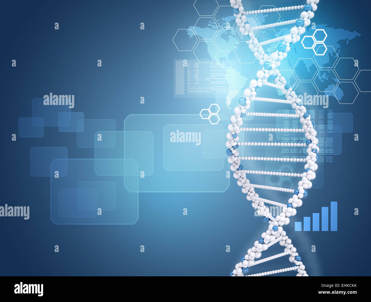 Human DNA. Background of hexagons, boards, graph, world map Stock Photo ...