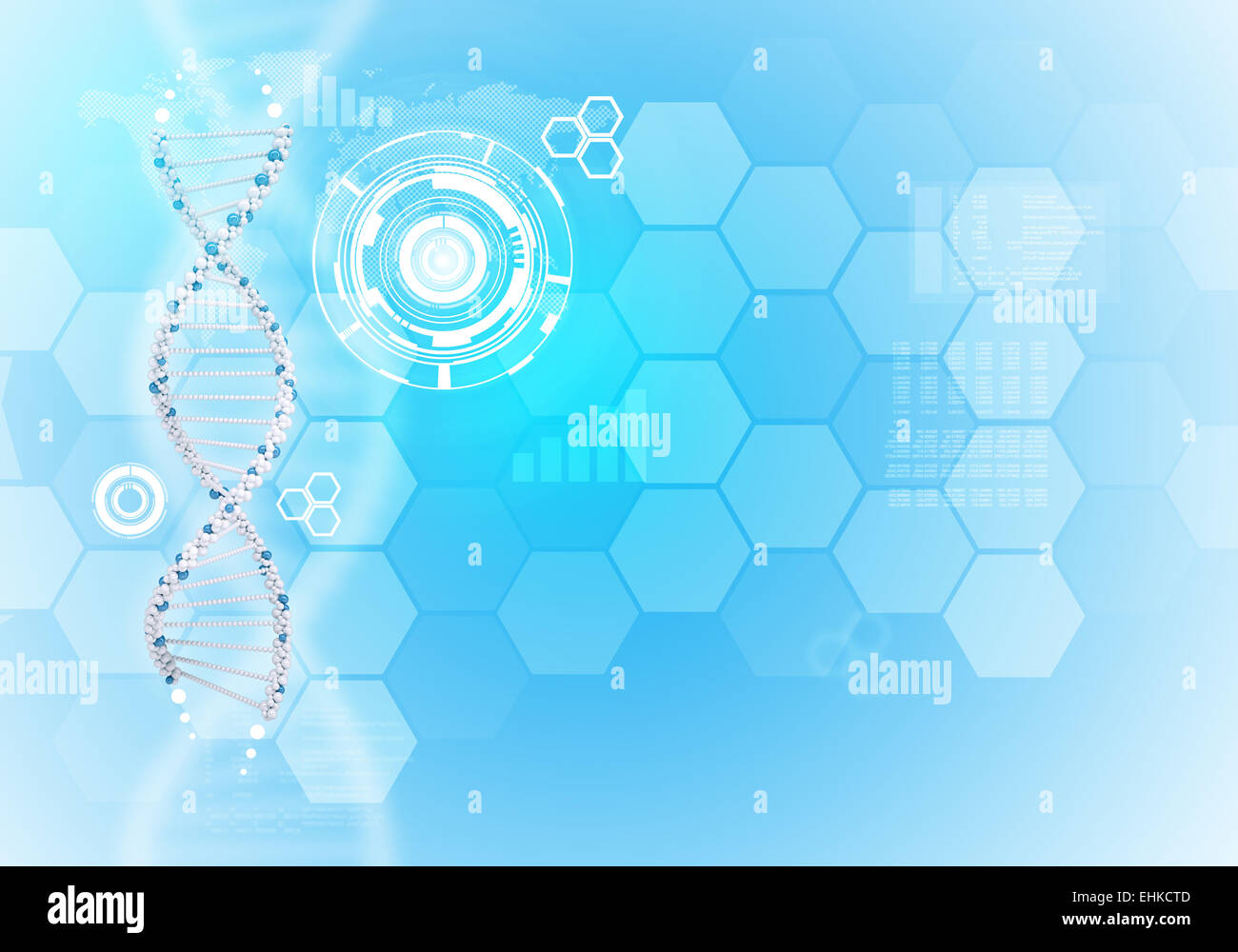 Human DNA. Background of white ring with hexagons and world map Stock ...