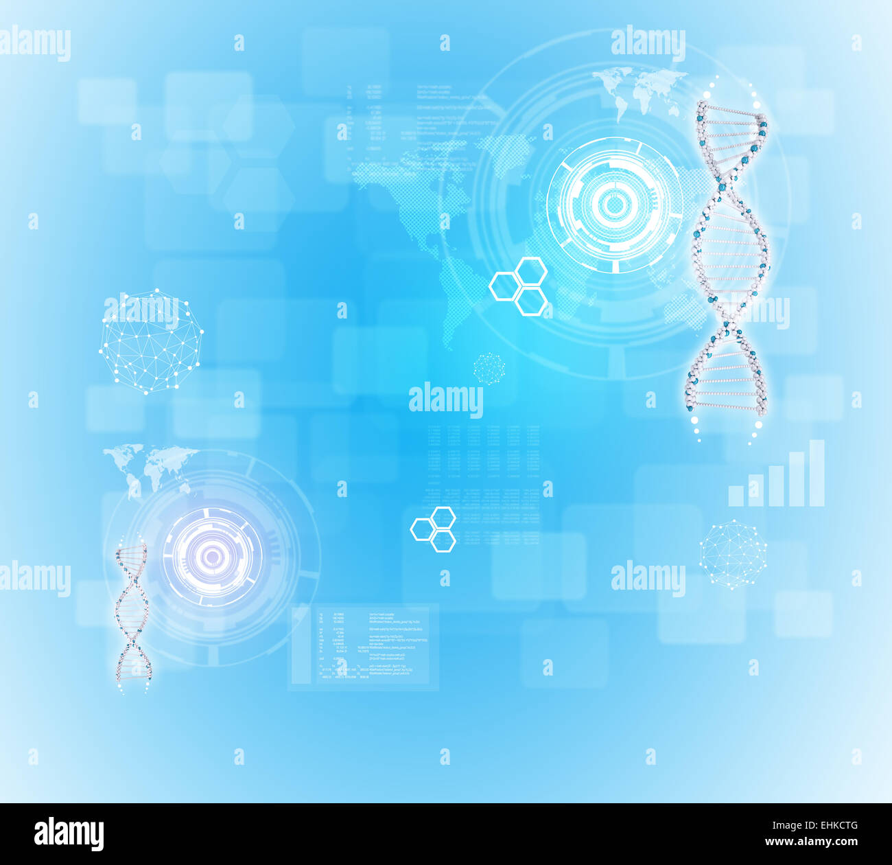 Two human DNA. Background of white ring with hexagon and world map ...