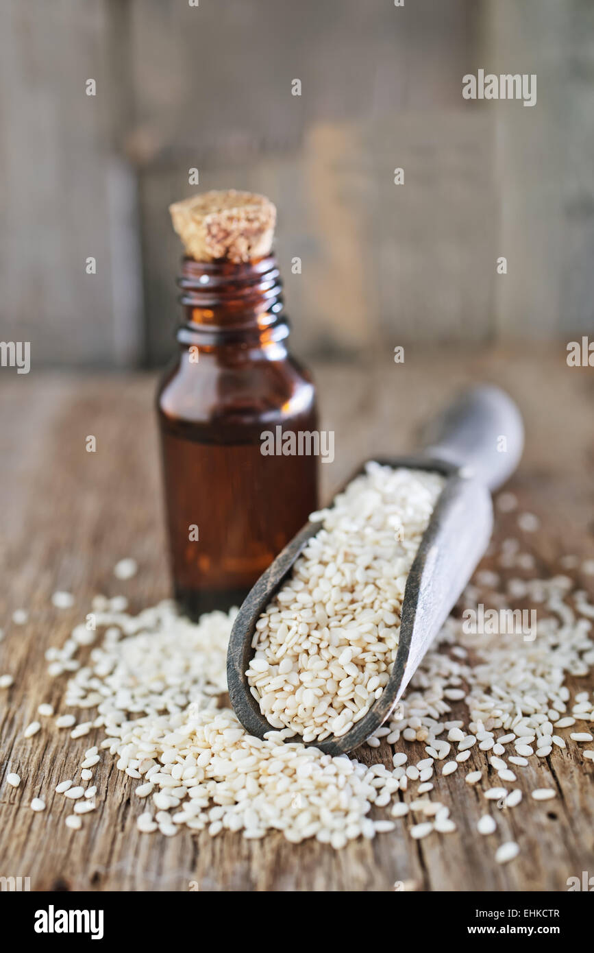sesame oil in bottle and on a table Stock Photo - Alamy