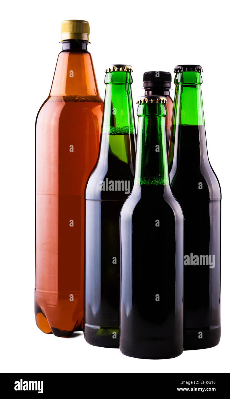Beer in bottles of different varieties isolated on white background ...