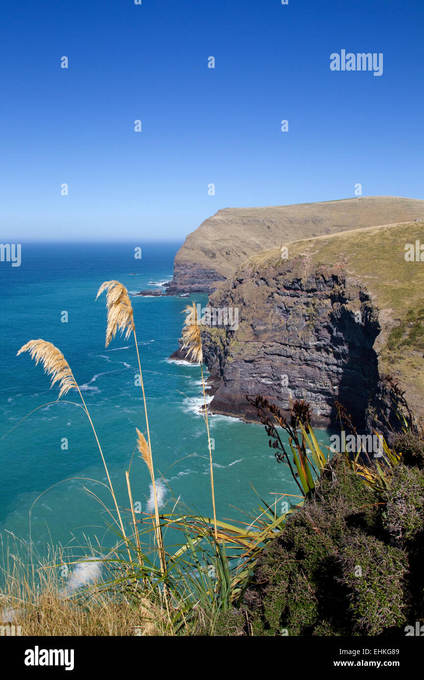 Dramatic seaside cliff view of ocean, New Zealand, Banks Peninsula ...
