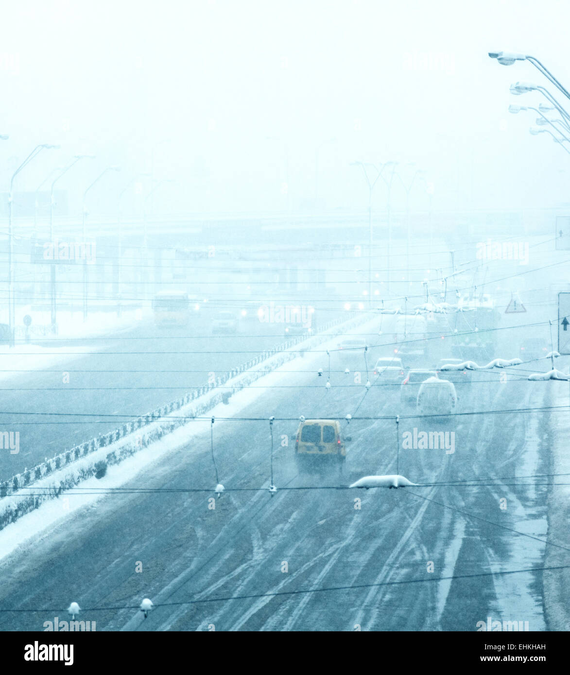 KIEV, UKRAINE - FEB 06: Rush hour - blizzard on the road and bad ...