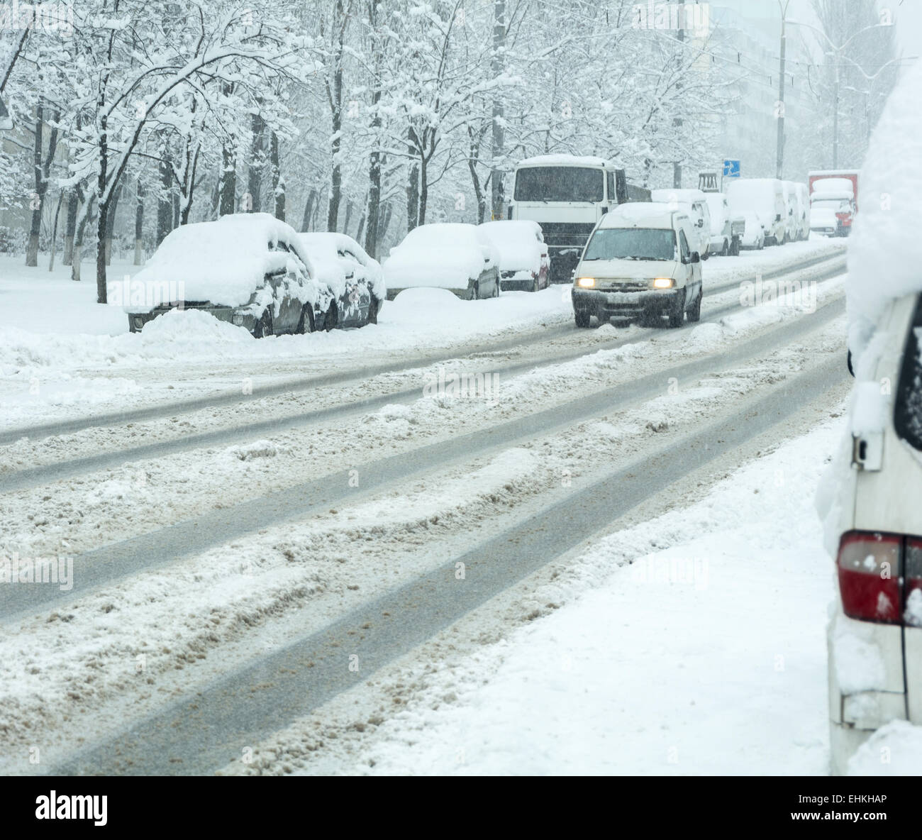 KIEV, UKRAINE - FEB 06: Snow storm created traffic collapse on february ...