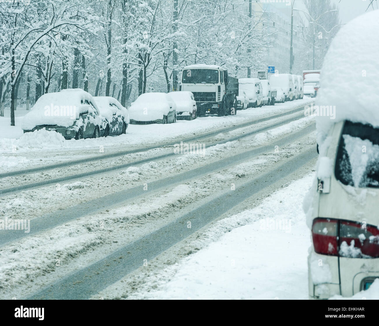 KIEV, UKRAINE - FEB 06: Snow storm created traffic collapse on february ...