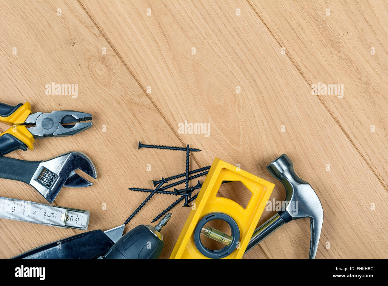 tools set on a wooden background Stock Photo - Alamy