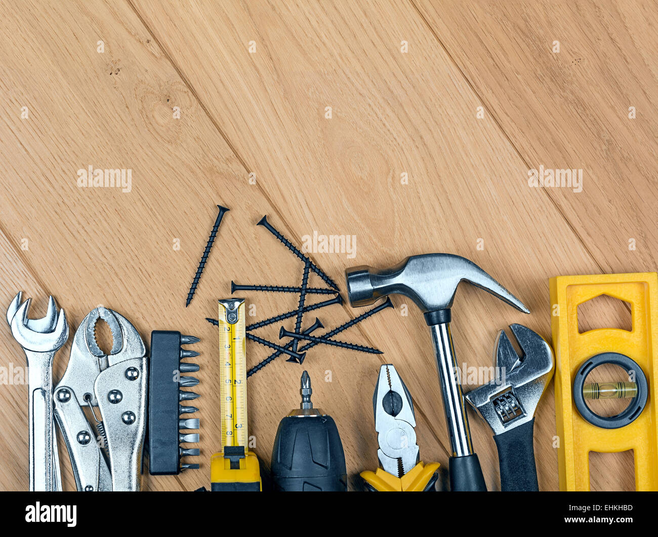 tools set on a wooden background Stock Photo - Alamy