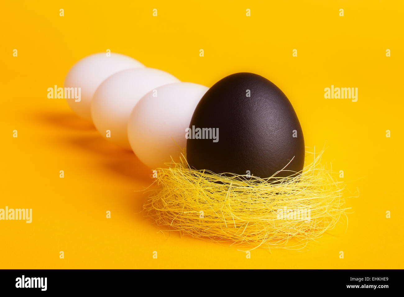 business concept background with a black egg surrounded by normal eggs ...