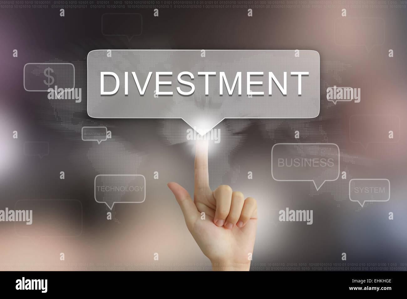 hand pushing on divestment balloon text button Stock Photo - Alamy